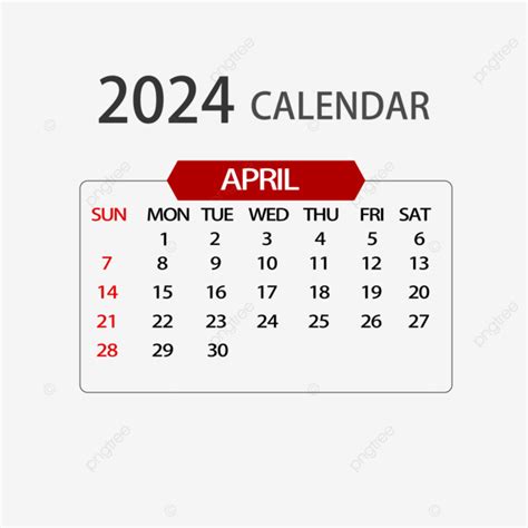 Calendário De Abril De 2024 Completo Vetor De Datas Vermelhas