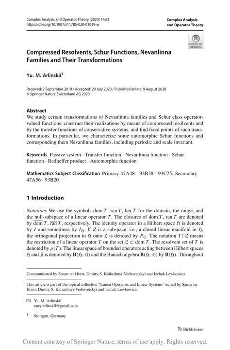 compressed resolvents schur functions nevanlinna families and their transformations request pdf