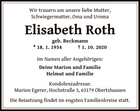 Traueranzeigen Von Elisabeth Roth Trauer Op Online De