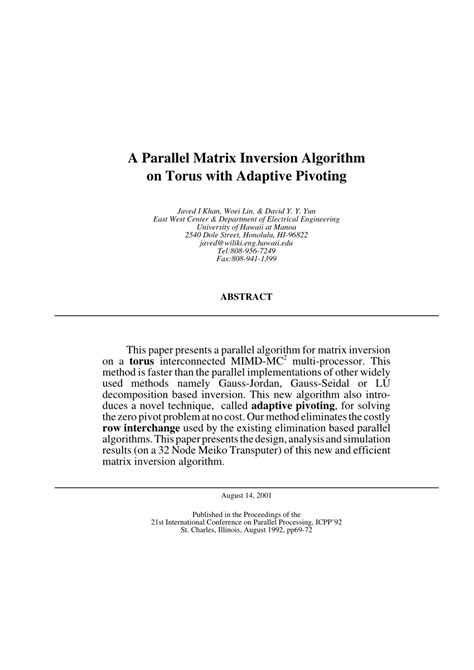 pdf a parallel matrix inversion algorithm on torus with adaptive pivoting