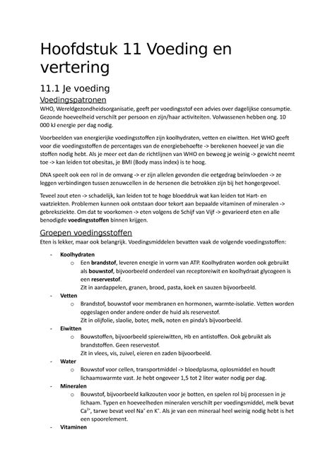 Hoofdstuk 11 Voeding En Vertering Samenvatting Hoofdstuk 11 Voeding