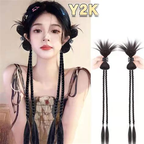 Y2k Tóc Giả Bím Tóc Nóng Cô Gái Bẩn Bím Tóc Đuôi Ngựa Kẹp Lông Gà Con