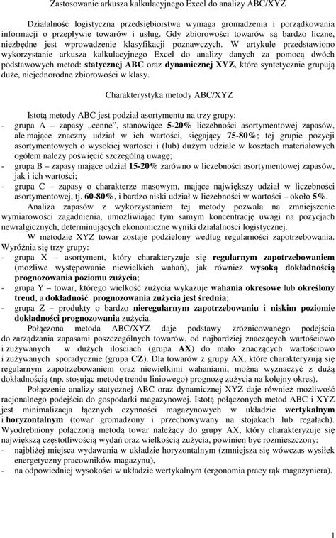 Zastosowanie Arkusza Kalkulacyjnego Excel Do Analizy ABC XYZ PDF