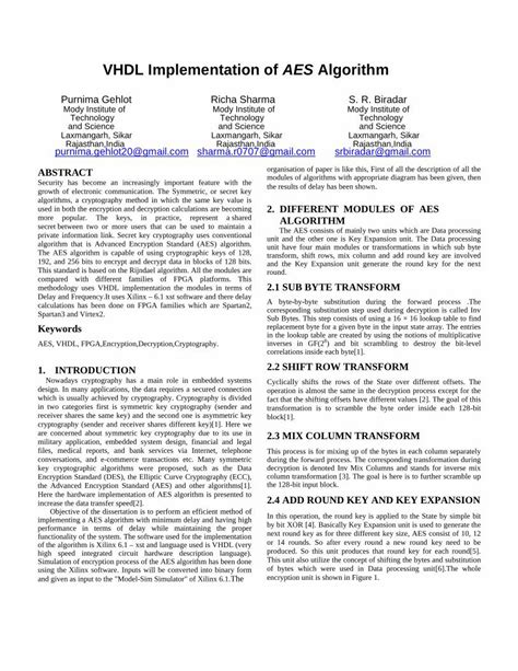 pdf vhdl implementation of aes algorithm iiit events spsymposium13