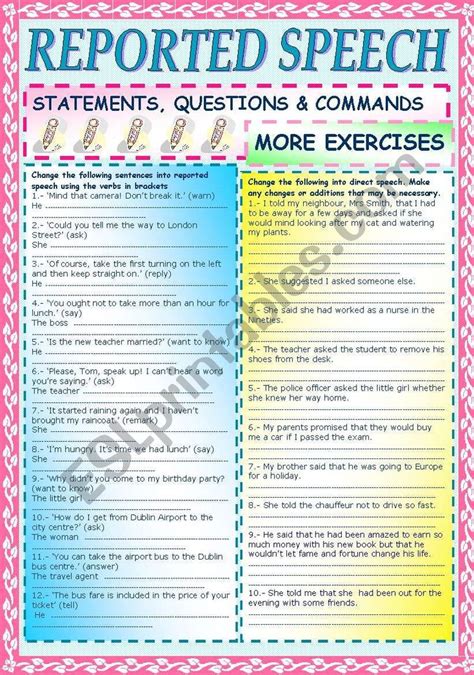 Third Worksheet On Reported Speech Further Practice On Reporting