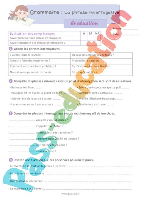 La Phrase Interrogative Valuation Grammaire Pour Le Ce Pdf Imprimer