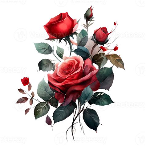 Watercolor Floral Bouquet Composition With Red Roses Png Transparent