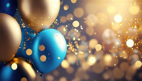 Fondo Festivo Realista Con Globos Dorados Y Azules Cayendo Confeti