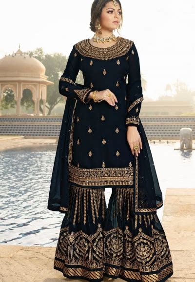 Drashti Dhami Navy Blue Satin Georgette Embroidered Sharara Style Suit