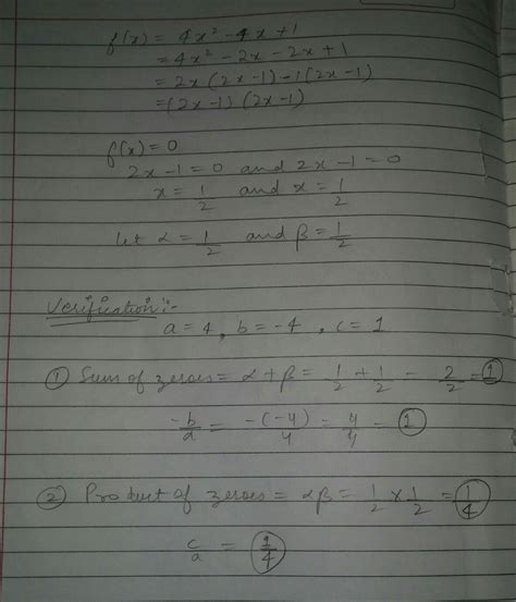 [expert verified] find the zeros of the quadratic polynomial 4x2 4x 1 and verify the