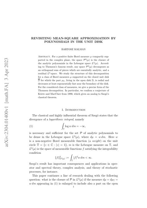 pdf revisiting mean square approximation by polynomials in the unit disk