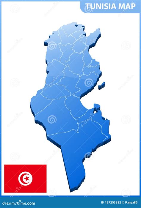 Highly Detailed Three Dimensional Map Of Tunisia With Regions Border