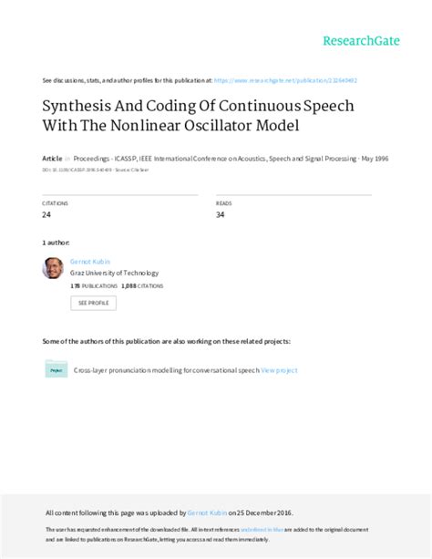 pdf synthesis and coding of continuous speech with the nonlinear oscillator model gernot