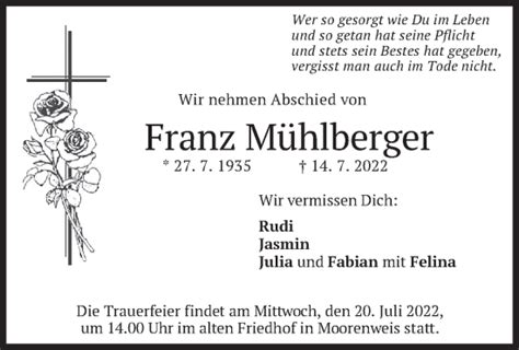 Traueranzeigen von Franz Mühlberger trauer merkur de