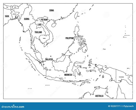 South East Asia Political Map Black Outline On White Background With