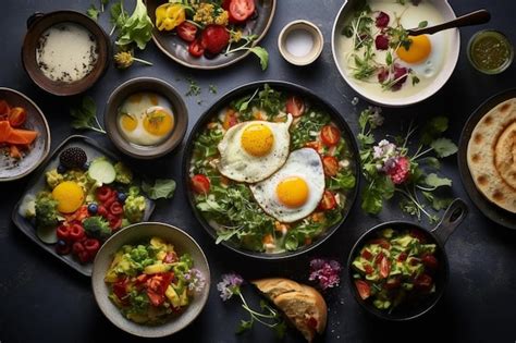 Una Mesa Llena De Comida Que Incluye Huevos Ensalada Y Verduras