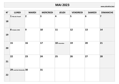 Calendrier Mai 2023 à consulter ou imprimer Calendrier best