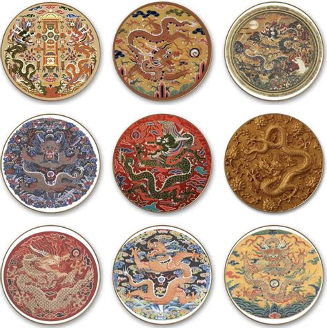 Six Different Colored Plates With Dragon Designs On Them