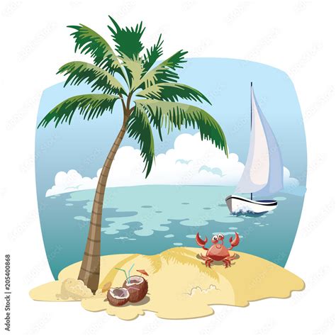 Cartoon Island In The Sea With A Yacht Illustration For A Travel
