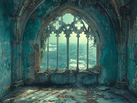 Las ventanas de la catedral gótica abandonada con vistas al mar el