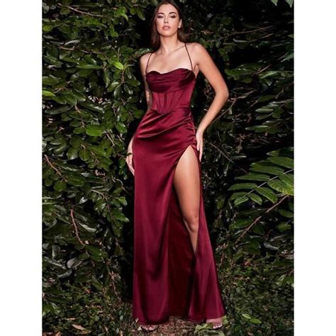 Robe de soirée sexy en satin taille haute fendue Rouge Rouge