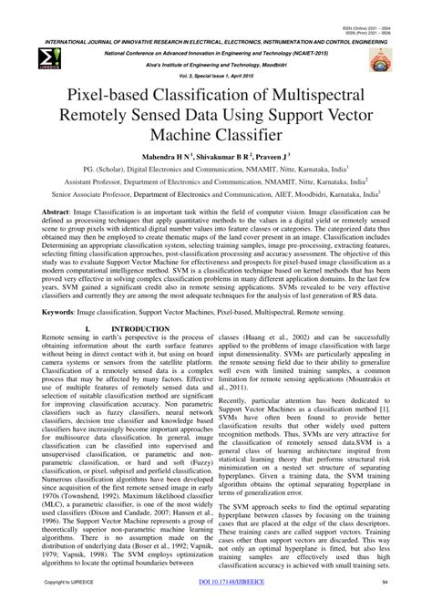pdf pixel based classification of multispectral remotely sensed data using support vector