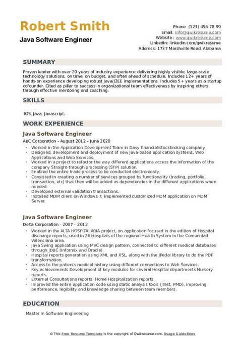 java software engineer resume samples qwikresume