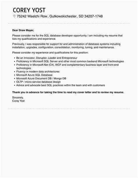 Sql Database Developer Cover Letter Velvet Jobs