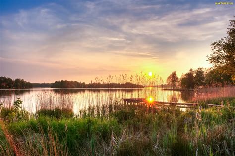 Tapety zdjęcia Zachód słońca Pomost Jezioro Hoornsemeer Szuwary