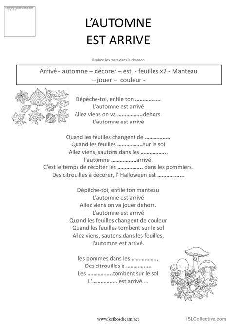 chanson á trous l automne est arrivé Français FLE fiches pedagogiques