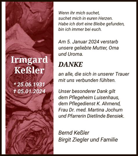 Traueranzeigen von Irmgard Keßler Trauer HNA de