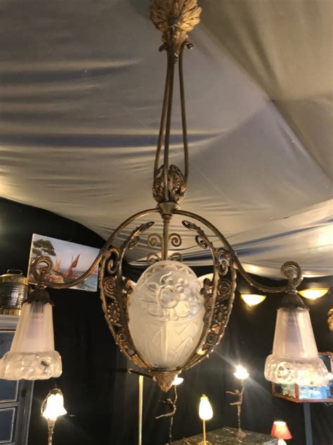 Proantic Lustre Art Déco En Bronze Doré époque 1925 Signé Gille