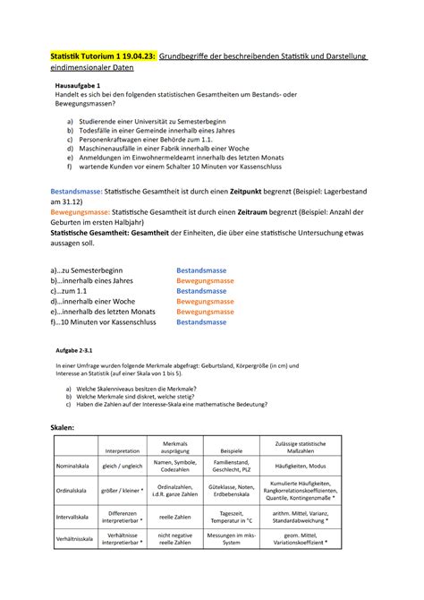 Übungen Kapitel 2 und 3 Lösung Statistik Tutorium 1 19 04