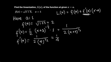 calc i linearization of f x sqrt x 3 at 1 youtube