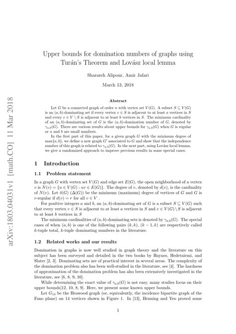pdf upper bounds for domination numbers of graphs using tur an s theorem and lov asz local lemma