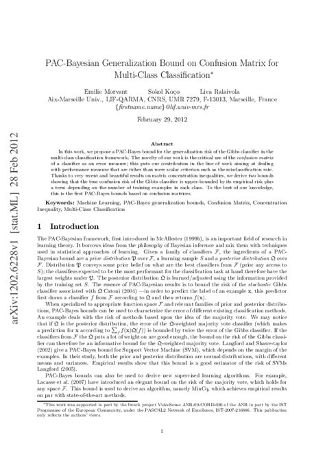 pdf pac bayesian generalization bound on confusion matrix for multi class classification