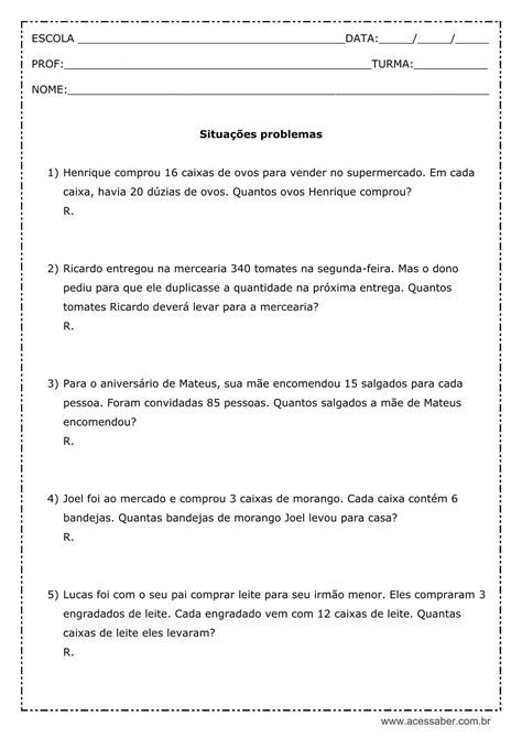 Atividade de matemática Situações problemas 4º ano