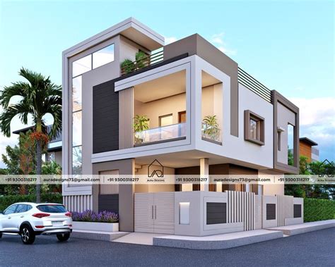 A Car Is Parked In Front Of A Two Story House With Balconies On The