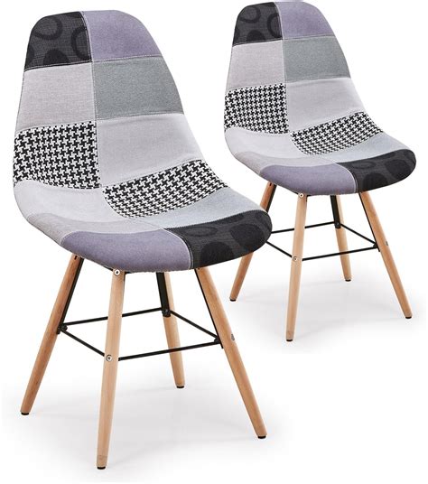 Menzzo Lisa Patchwork Lot De 2 Chaises Scandinave Tissu Gris 53 X 46