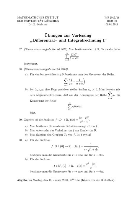 Übung 10 Sommersemester MATHEMATISCHES INSTITUT MUNCHEN DER