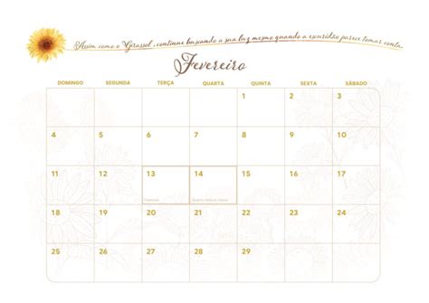 Calendário Mensal 2024 Girassol Minimalista Fevereiro Fazendo a Nossa