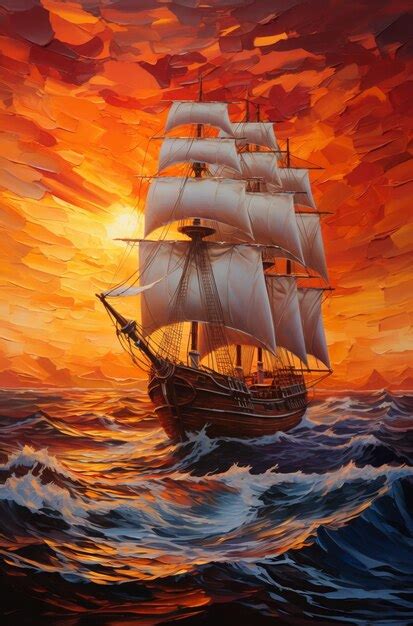 La pintura muestra un barco navegando en el océano al estilo de Foto