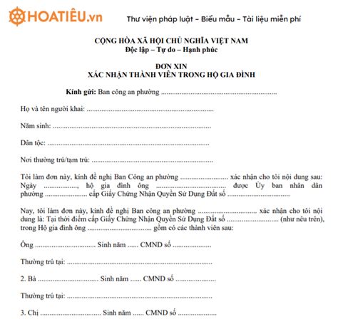 Đơn xin xác nhận thành viên trong hộ gia đình Xfaster