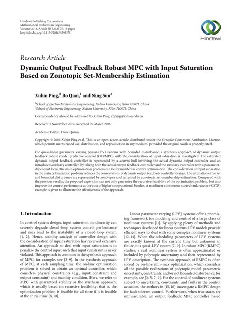 pdf dynamic output feedback robust mpc with input saturation based on zonotopic set membership