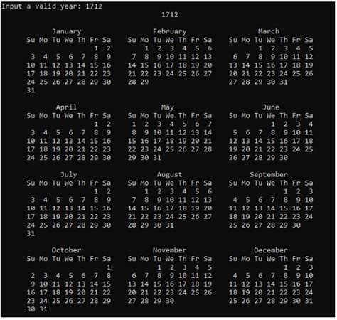 c program calendar for any year
