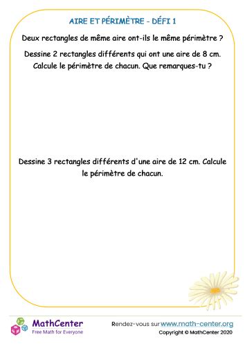 Aire et périmètre défi 1 Fiches de travail Math Center
