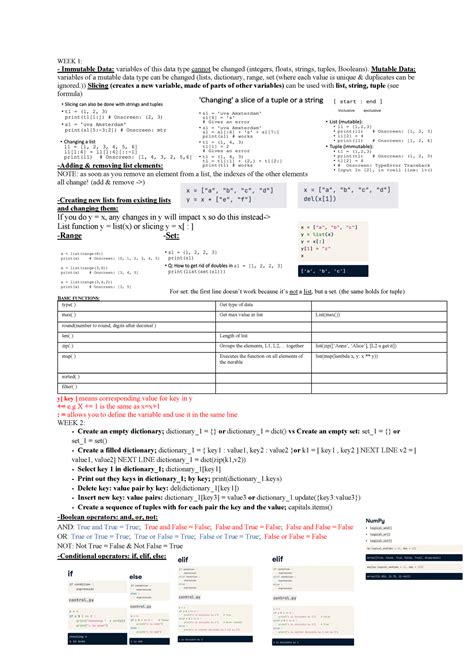 Cheat Sheet Python Midterm WEEK 1 Immutable Data Variables Of