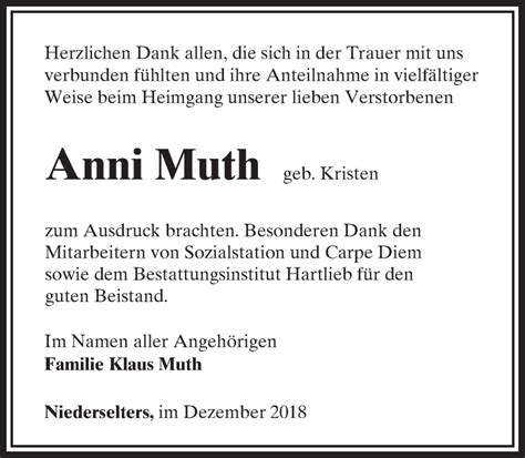 Traueranzeigen Von Anni Muth Vrm Trauer De
