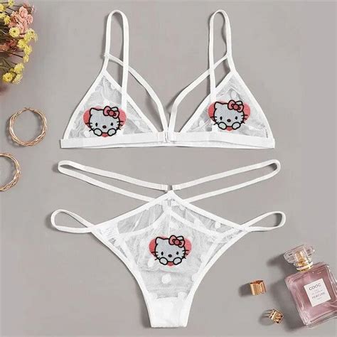 Sexy Women Lace Underwear Set Anime Hello Kitty Embroidery Stickers Female Bra Panties Y2k Girls