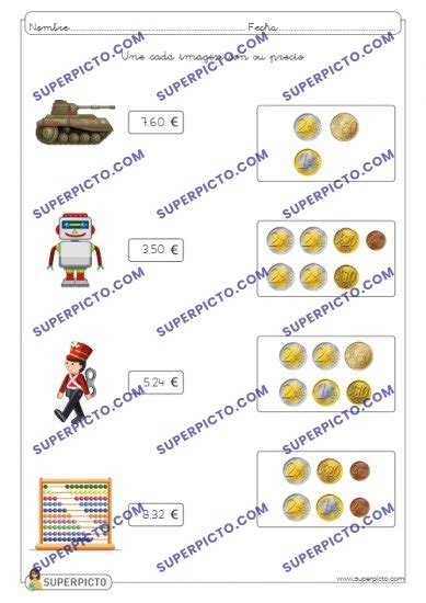 Ficha de asociar imágenes con monedas y billetes para imprimir